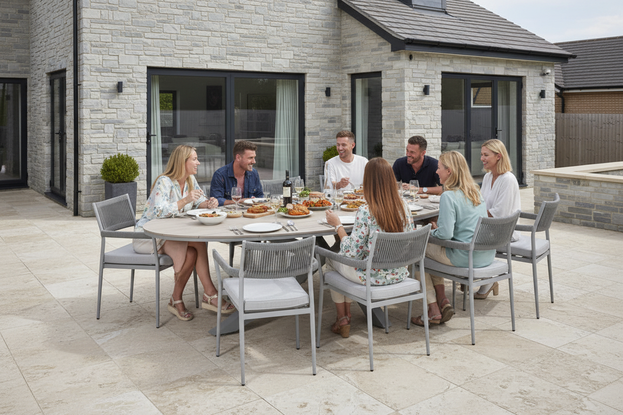 Edison Natural - Eight Seater Oval Dining Suite with Barcelona Chairs ...